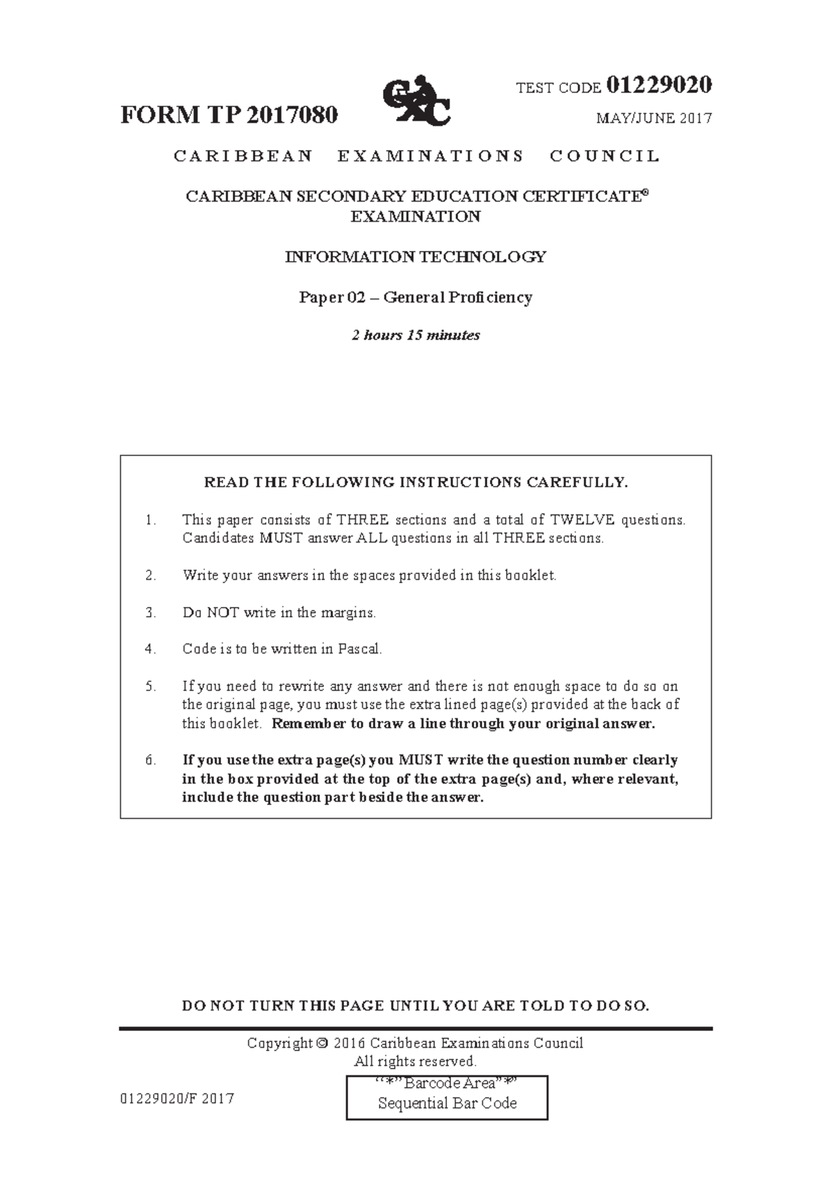 CSEC IT Examination Paper 02 – General Proficiency June 2017 - Studocu