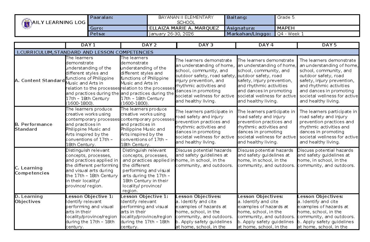 Q4 Week 1 Learning Log for MAPEH 5: Safety and Arts Integration - Studocu