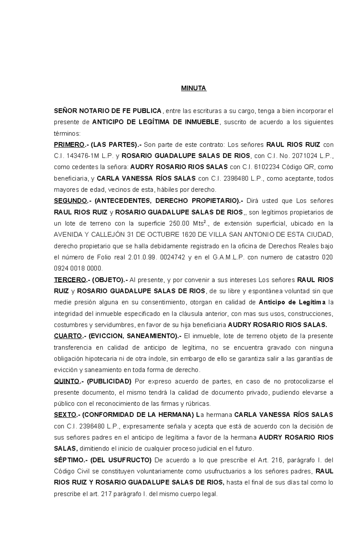 Minuta de Anticipo de Legítima con Usufructo: Contrato Notarial - Studocu