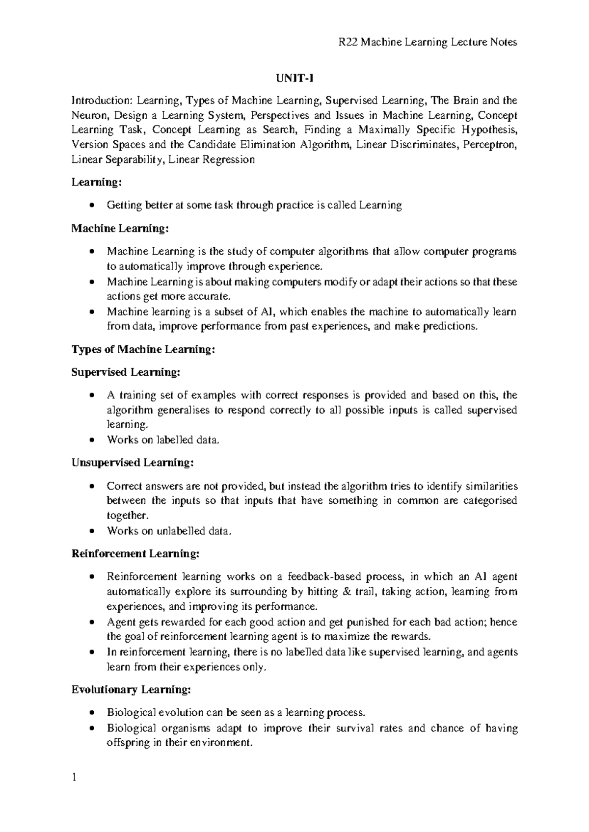 R22 Machine Learning Lecture Notes: Concepts, Types, and Algorithms ...