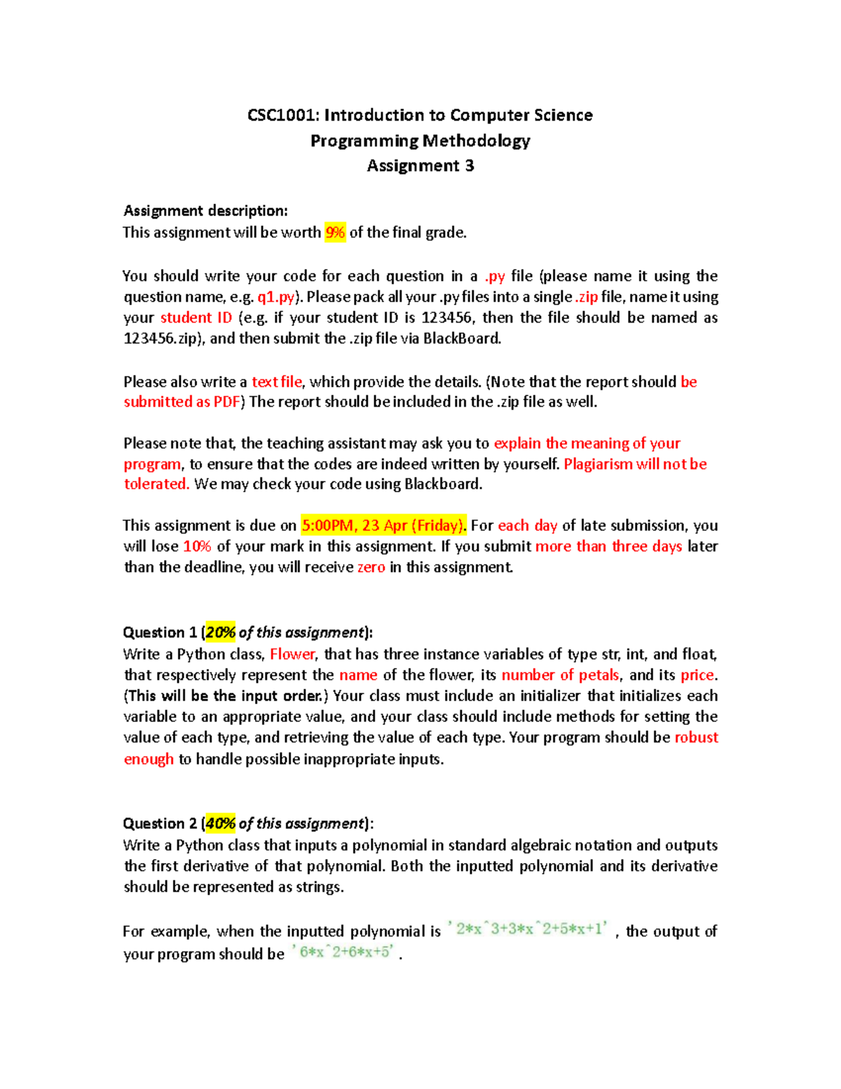 Assignment 3 - CSC1001: Intro to Comp Sci Programming Tasks - Studocu