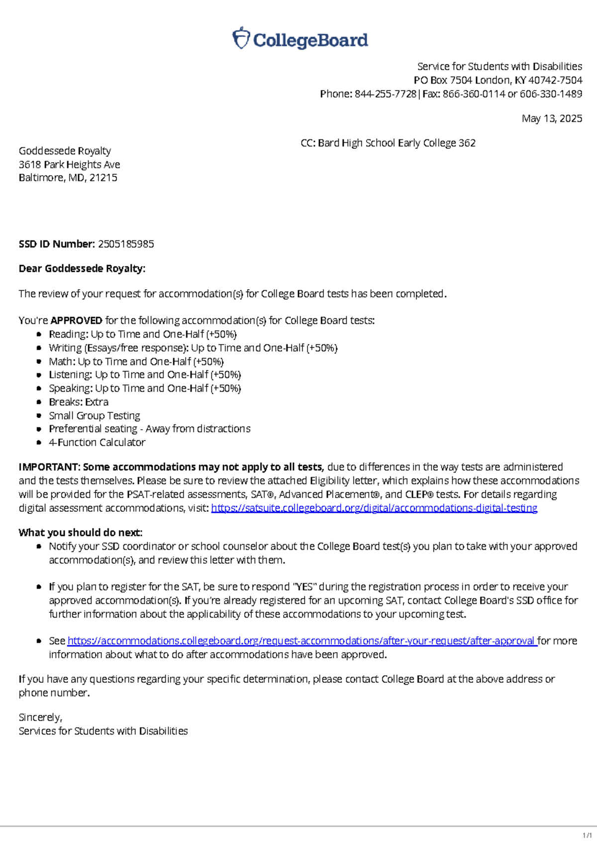 Eligibility Letter for Approved Accommodations for College Board Tests ...
