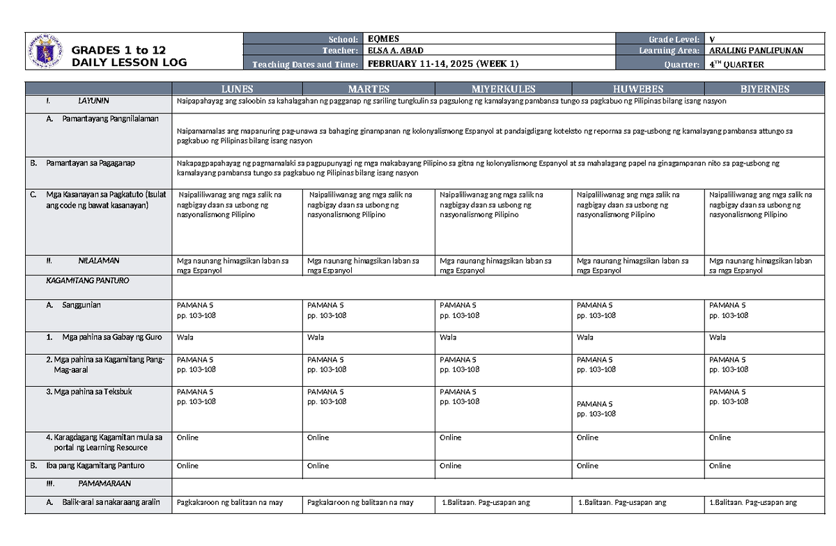 DLL Araling Panlipunan 5: Daily Lesson Log for 4th Quarter, Week 1 - Studocu