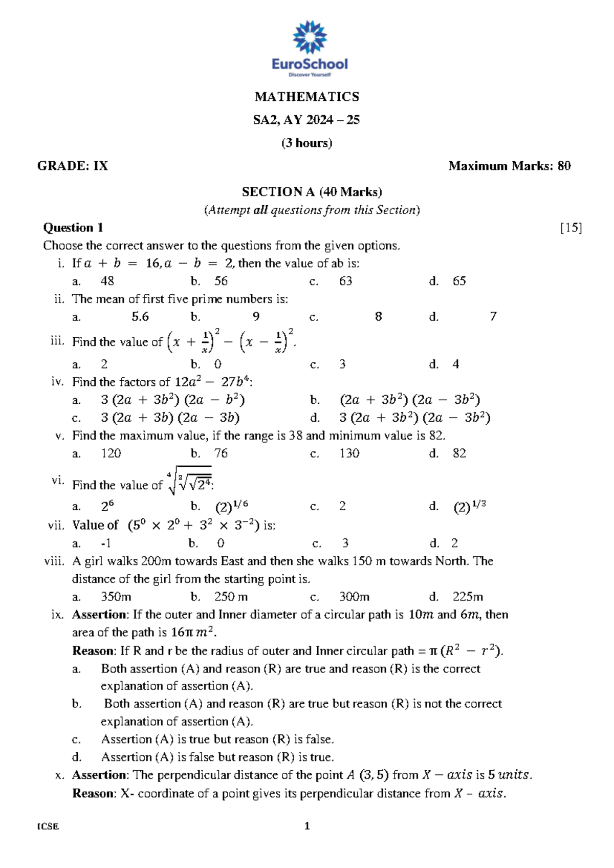 Grade 9 Mathematics SA2 Practice Question Paper (AY 2024-25) - Studocu