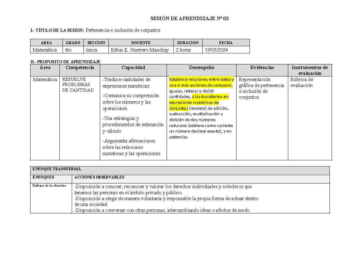 Pertenencia e Inclusión de Conjuntos - Matemática 6TO - Sesión 03 - Studocu