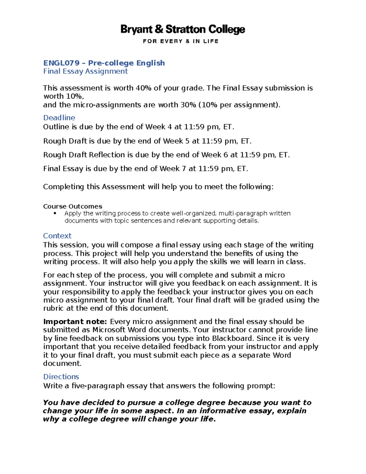 ENGL079 - Final Essay Guidelines and Important Deadlines - Studocu