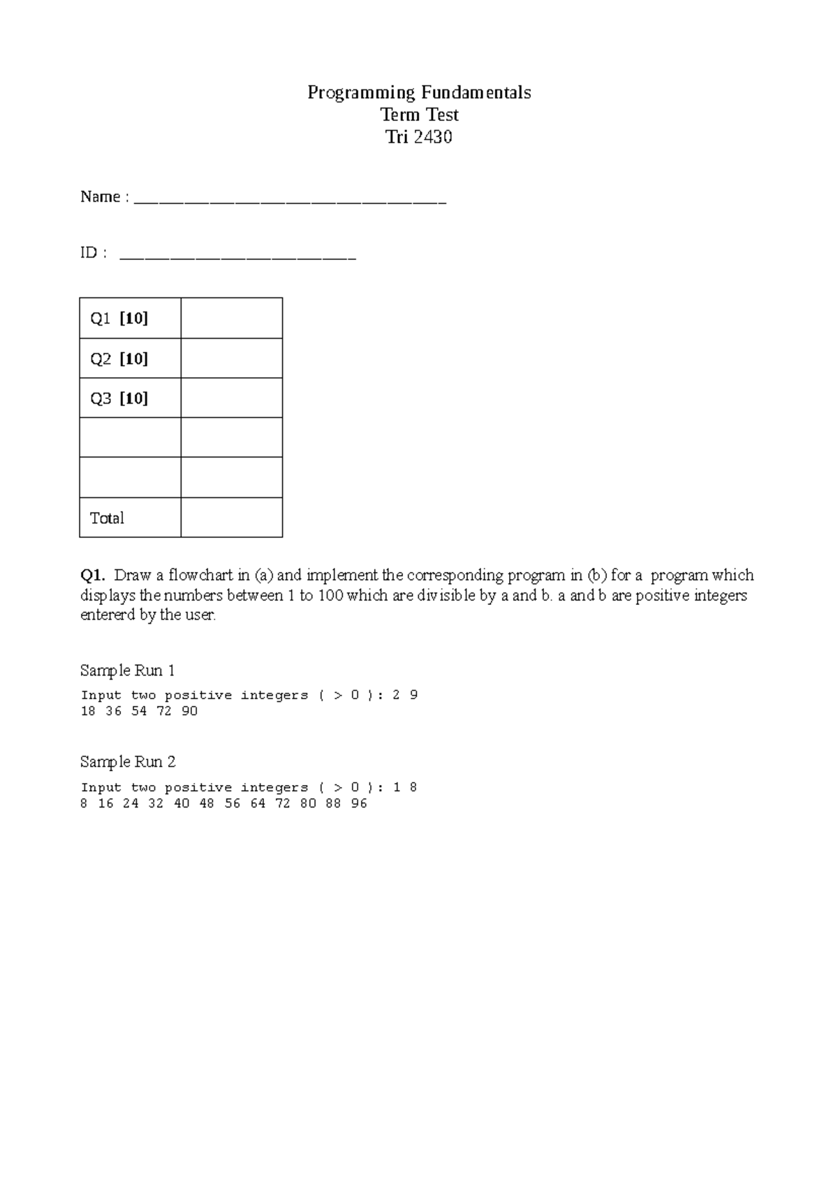 Programming Fundamentals Term Test Tri 2430: Set B Past Year Paper ...