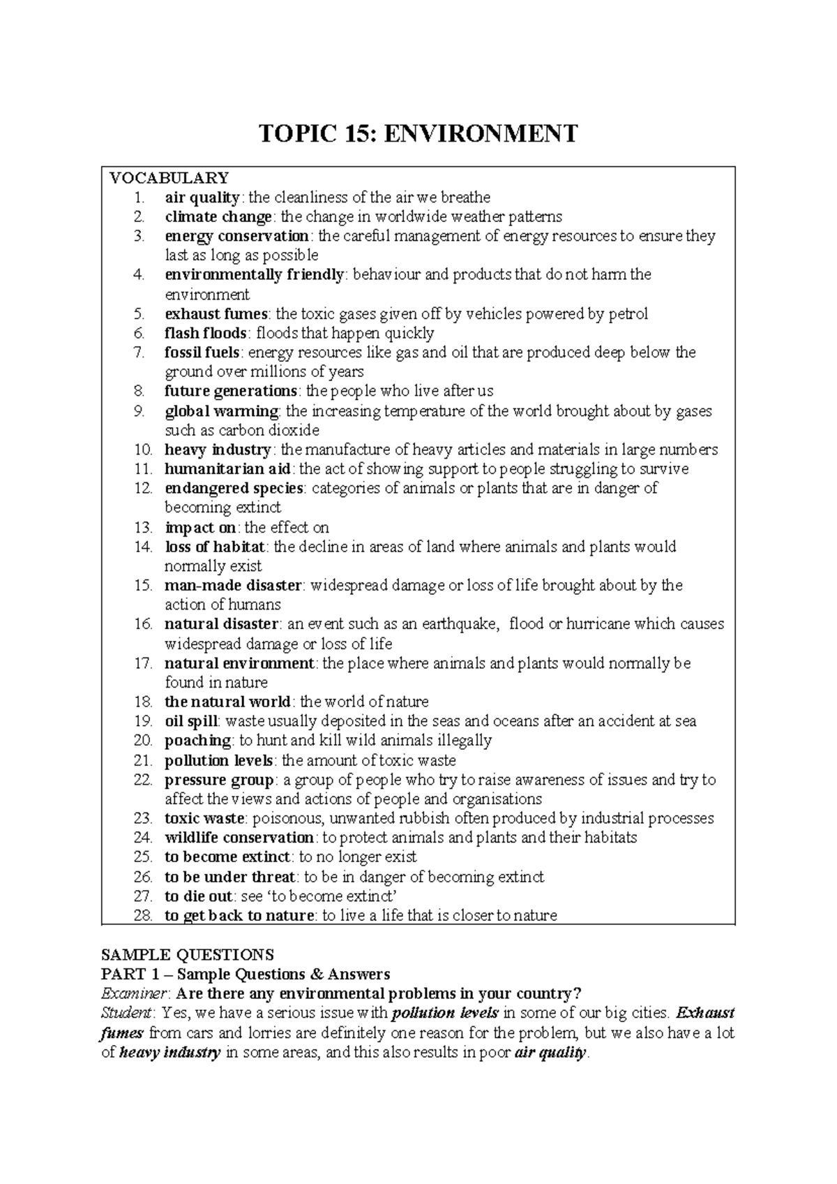 Environment Vocabulary and Sample Q&A for Course ENVI101 - Studocu