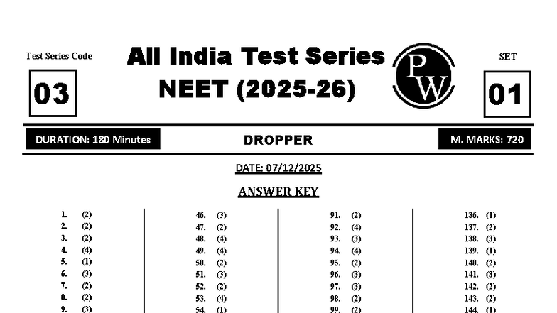 AITS 03 NEET 2025 Dropper Set 01 Answer Key & Solutions - Studocu