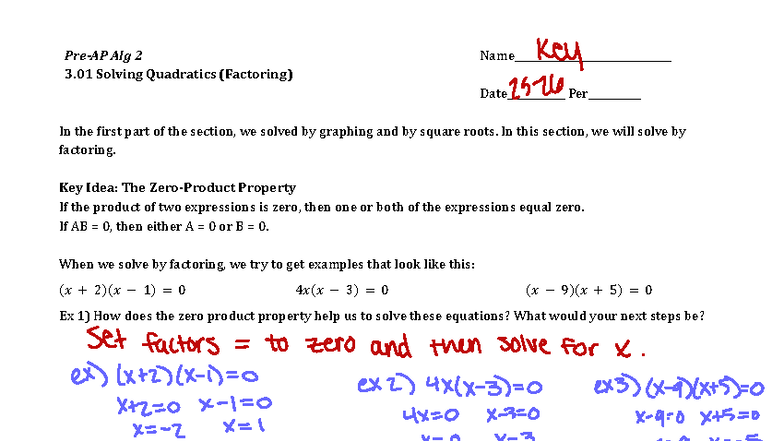3.01 Solving Quadratics (Factoring) - Part 2 KEY - Studocu