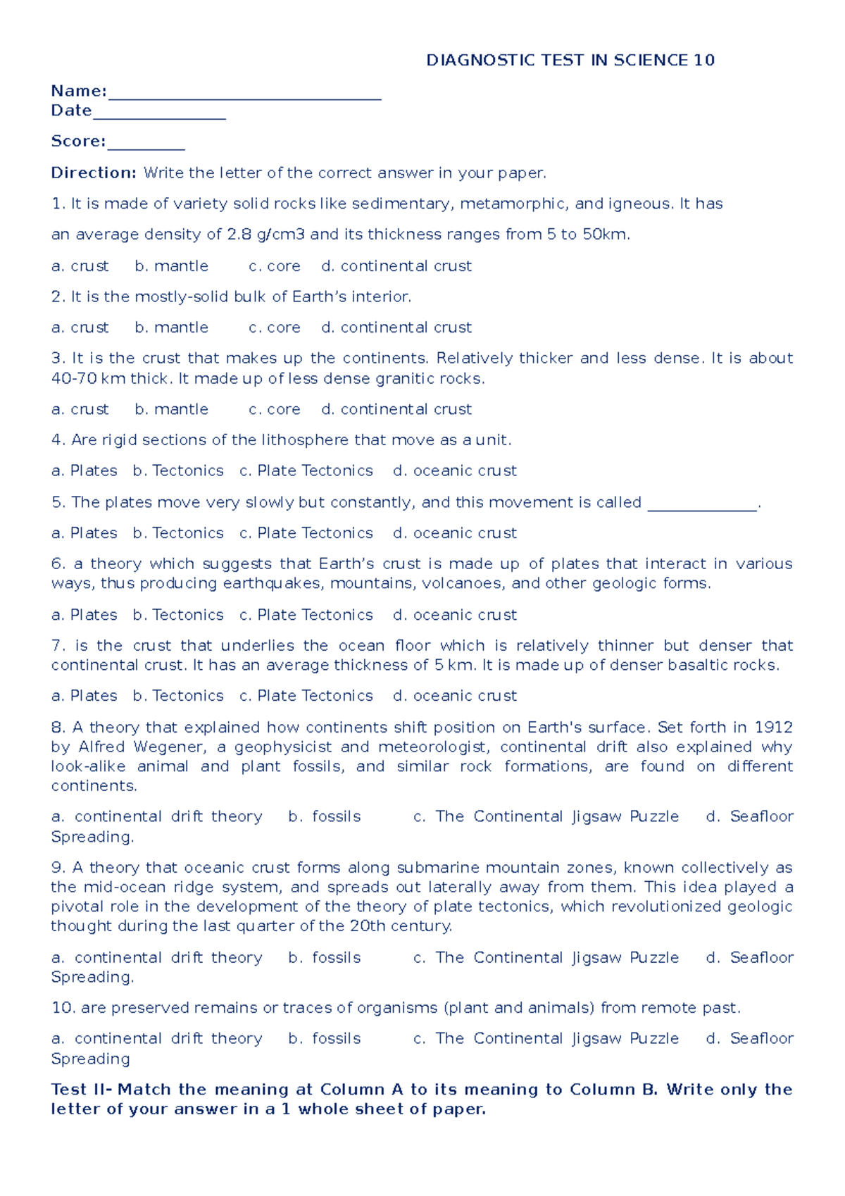 Diagnostic Test for Science 10: Key Concepts & Questions - Studocu