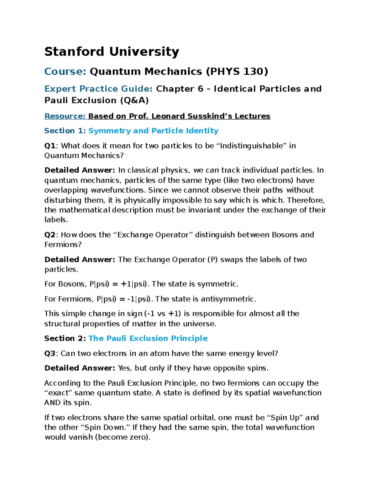 PHYS 130 Final Exam Guide: Ch 6 Identical Particles & Pauli Exclusion ...