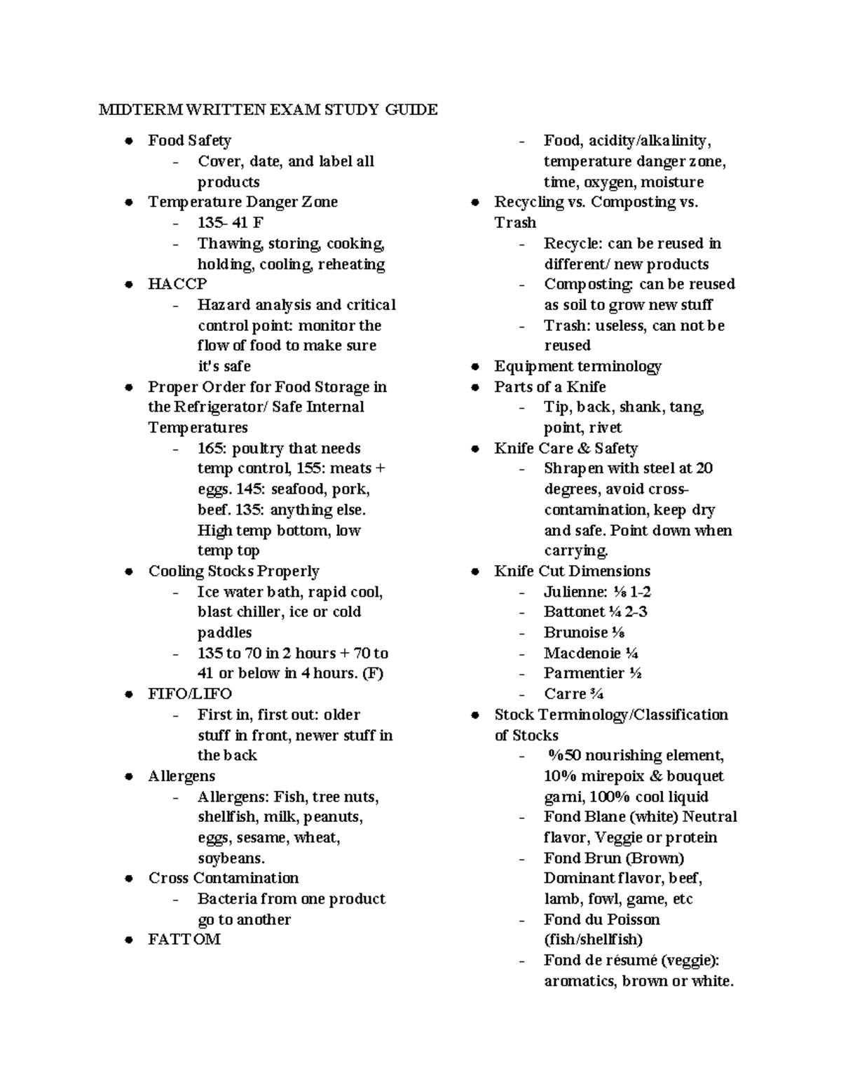 MIDTERM STUDY GUIDE: Food Safety & Cooking Techniques (Culinary 101 ...