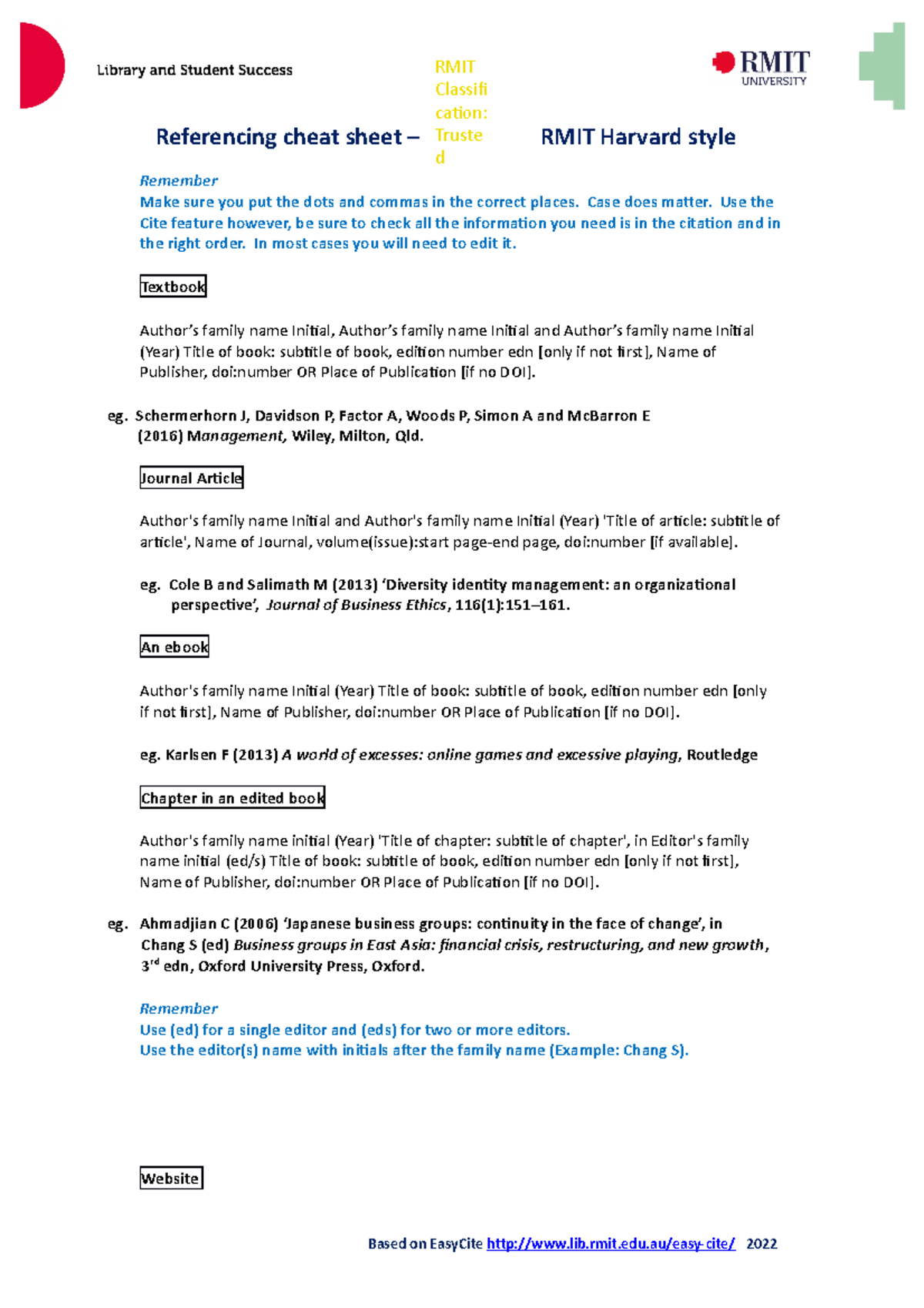 Referencing Harvard - Cheat sheet 2022 - Referencing cheat sheet – RMIT ...