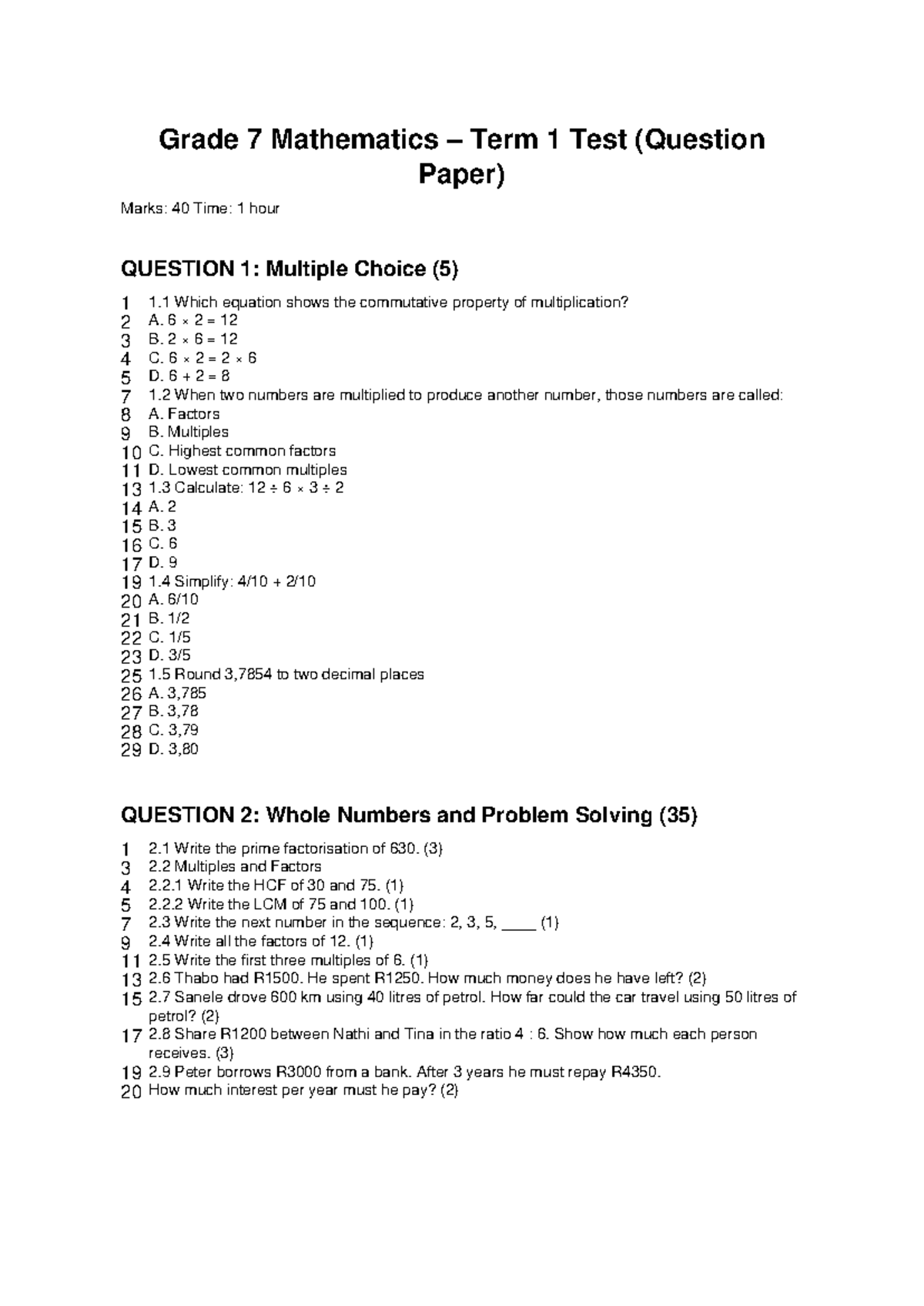 Grade 7 Mathematics Term 1 Test (Question Paper) - Studocu