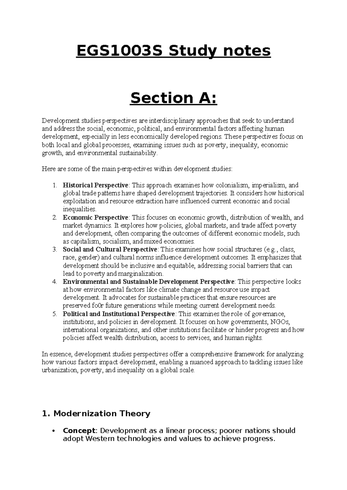 EGS1003S Comprehensive Development Studies Notes and Perspectives - Studocu