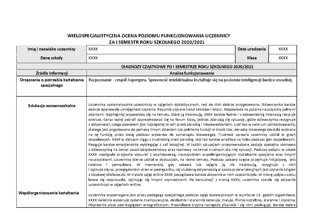 Wielospecjalistyczna Ocena Funkcjonowania Dziecka - Arkusz/Raport - Studocu