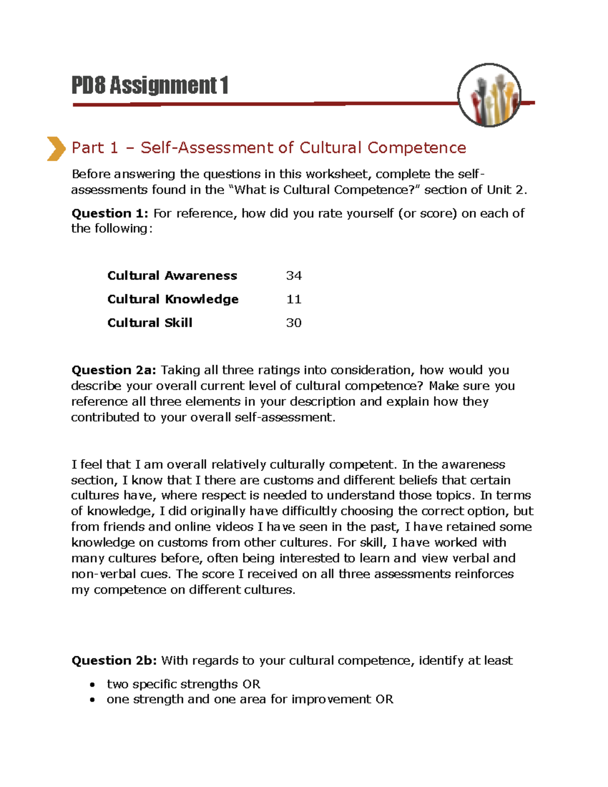 PD8 - Assignment 1: Cultural Competence Self-Assessment and Reflection - Studocu