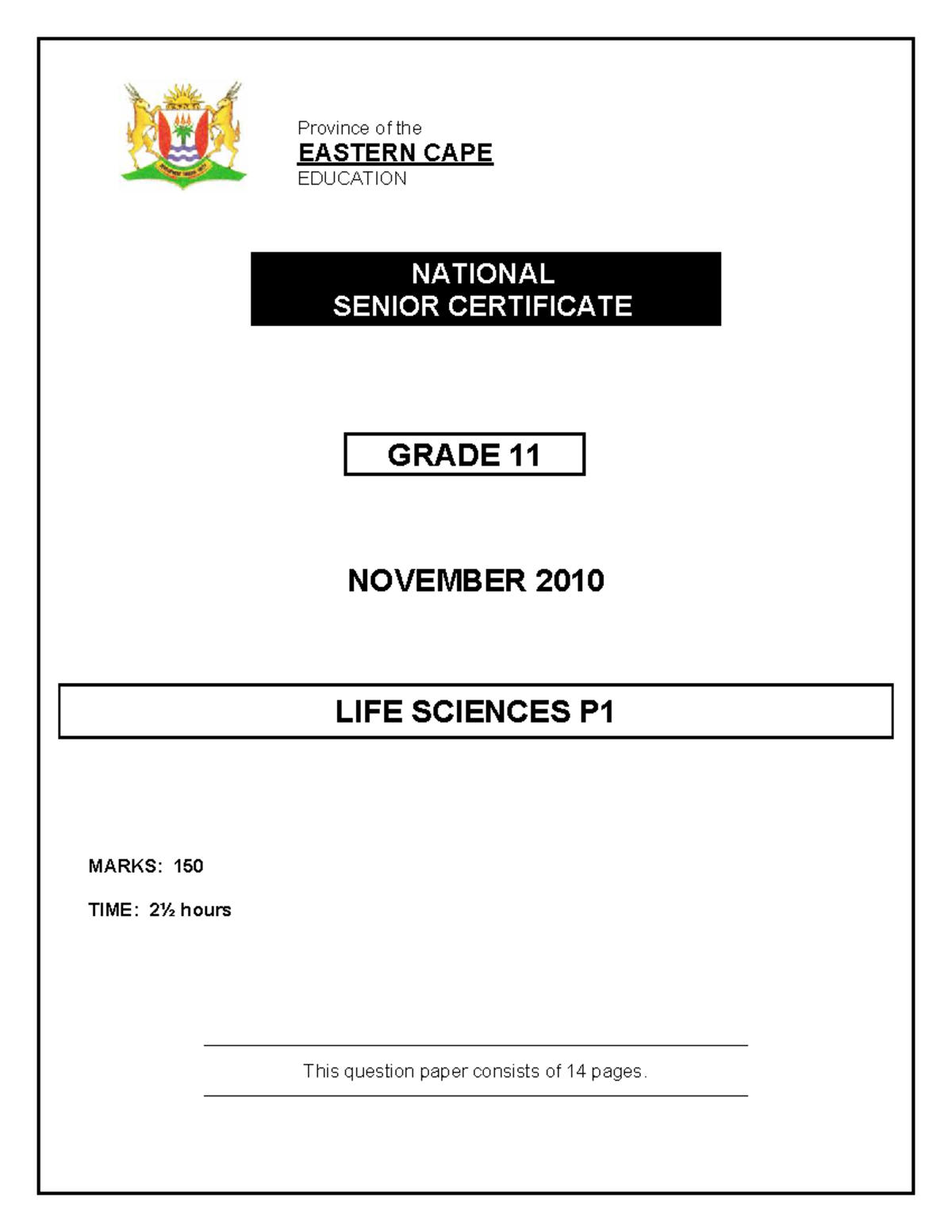 LFSC P1 Grade 11 November 2010 Life Sciences Question Paper - Studocu