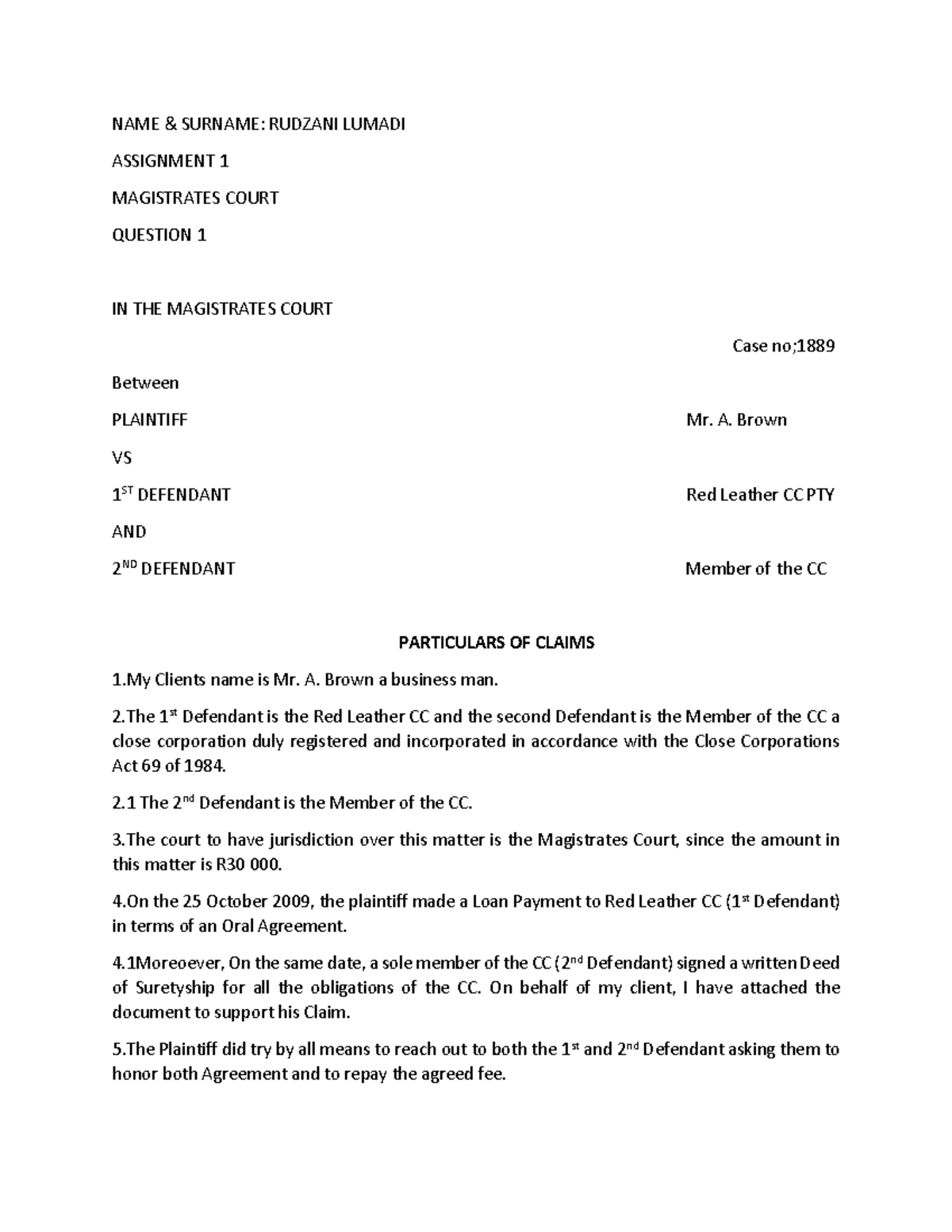 MAG COURT ASSIGNMENT 1: PLAINTIFF VS DEFENDANTS ANALYSIS - Studocu