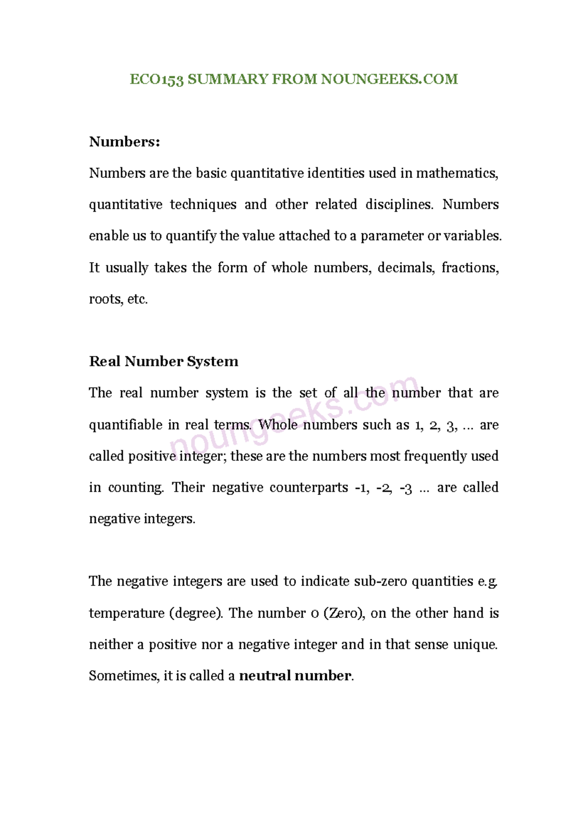 ECO153 Summary: Understanding Numbers and Their Classifications - Studocu