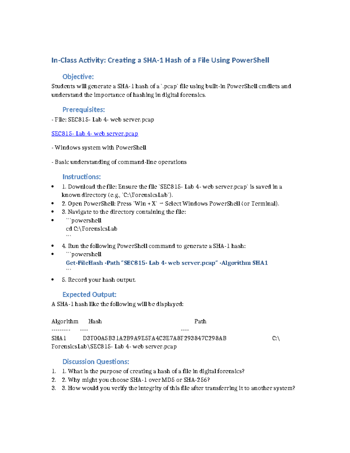 In-Class Activity: Generating SHA1 Hash with PowerShell - Studocu