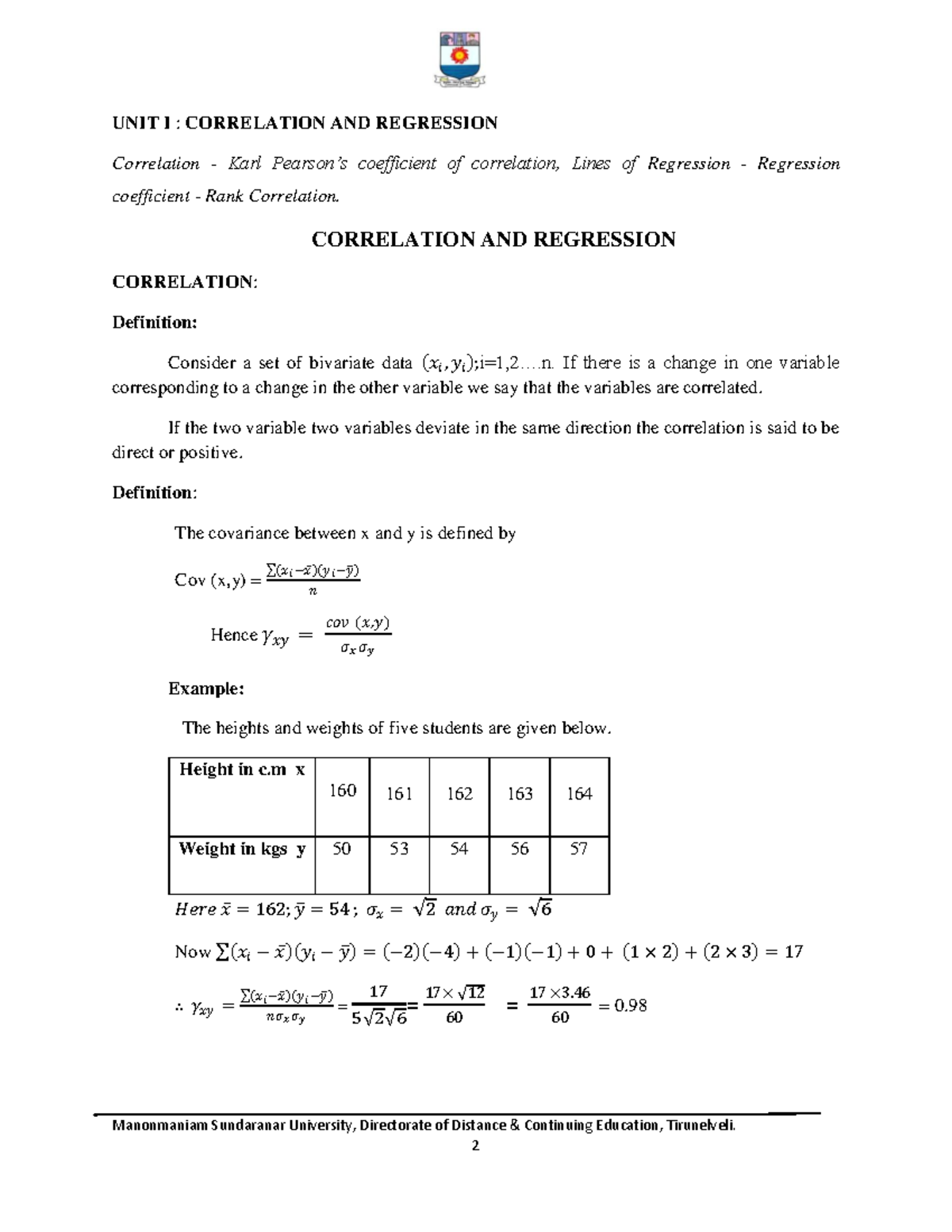 Business Statistics: Unit 1 - Correlation and Regression Concepts - Studocu