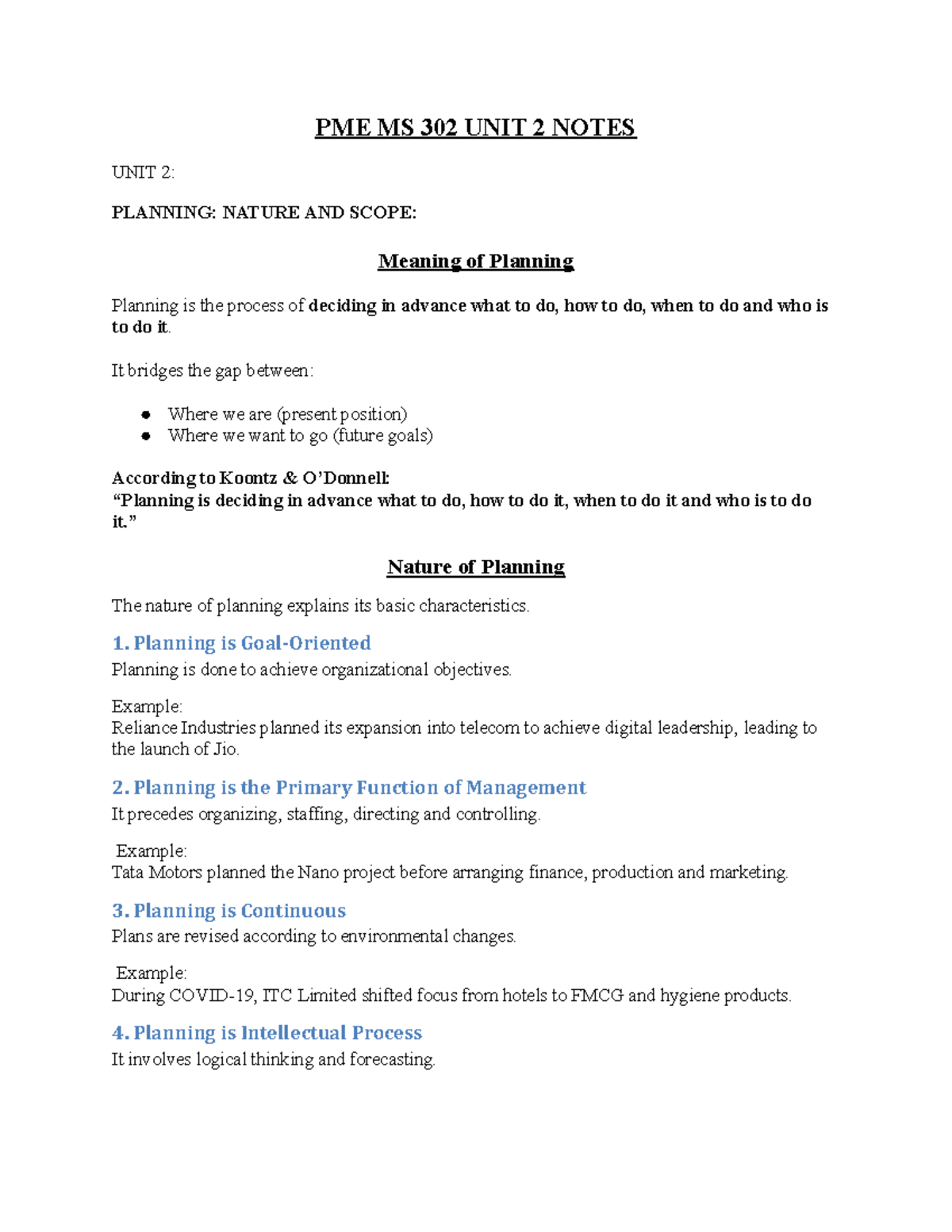 PME MS 302 UNIT 2: Planning - Nature, Scope, and Objectives - Studocu