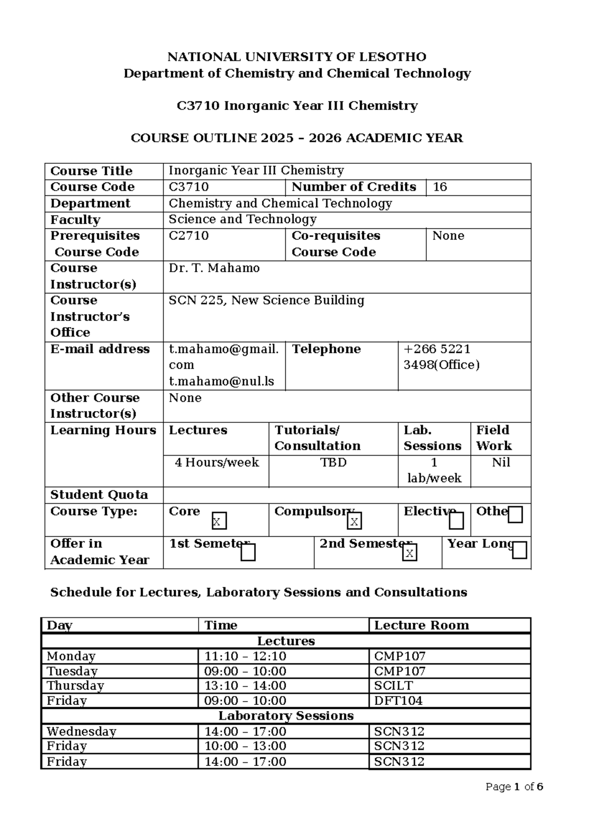 C3710 Inorganic Year Chemistry Course Outline 2025-2026 - Studocu