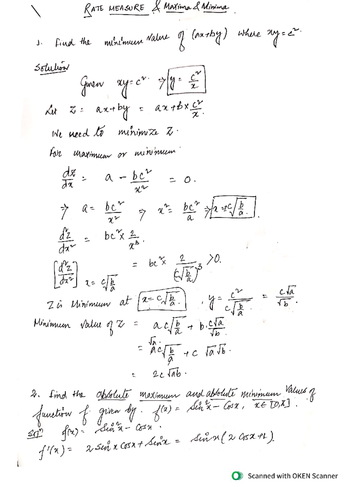 Rate Measure ,Maxima and Minima - RATE MEASURE Maxima Minima 1. Find ...