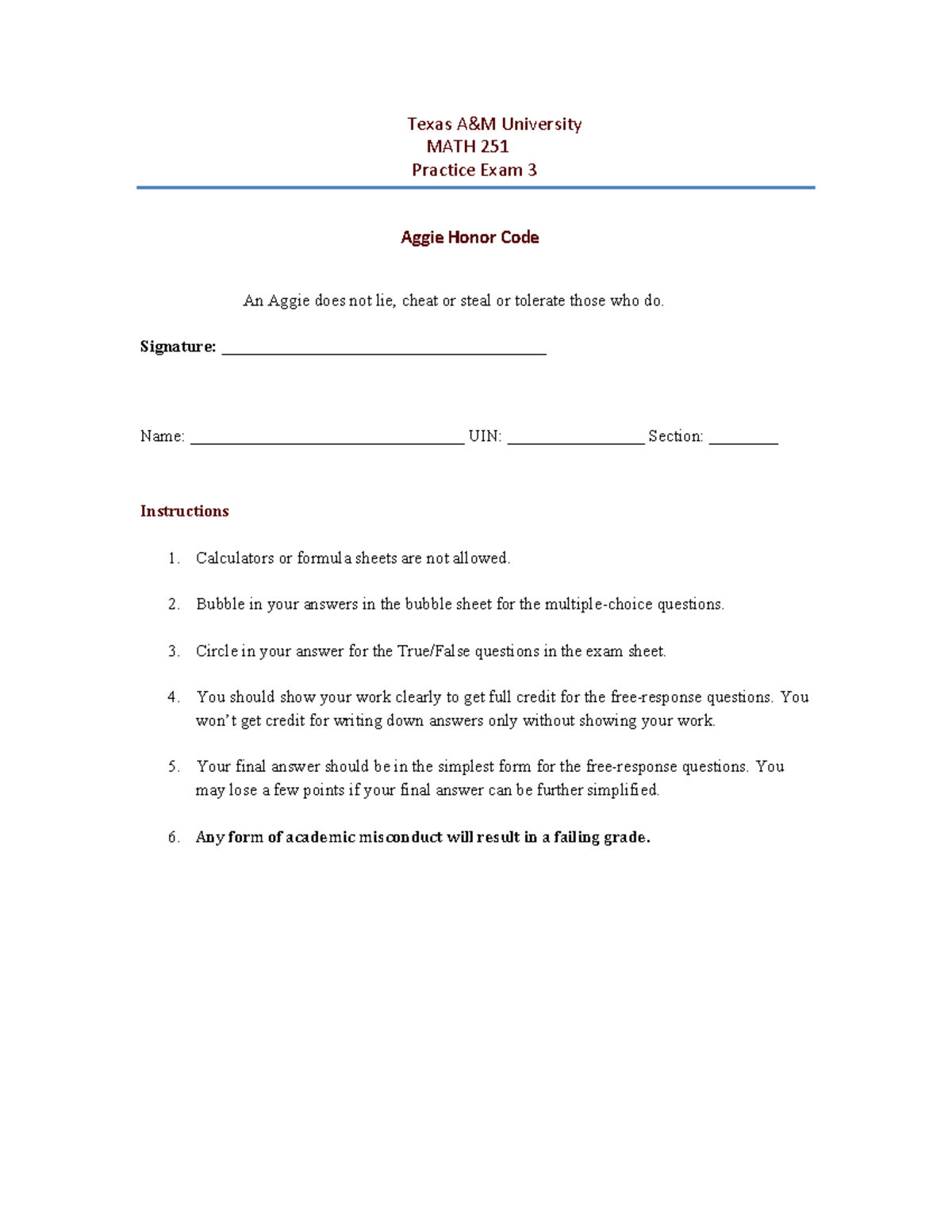 MATH 251 Practice Exam 3 Solutions and Guidelines - Studocu