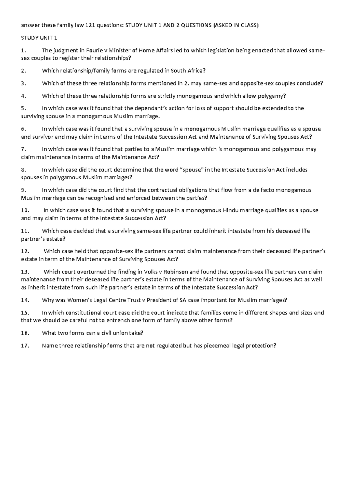 Family Law 121: Study Unit 1 & 2 Questions and Answers - Studocu