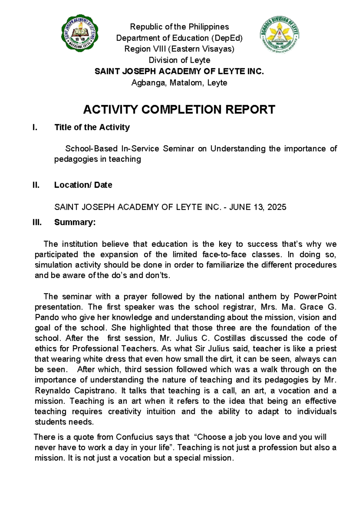 ACTIVITY COMPLETION REPORT: Seminar on Pedagogies (Acr) - Studocu