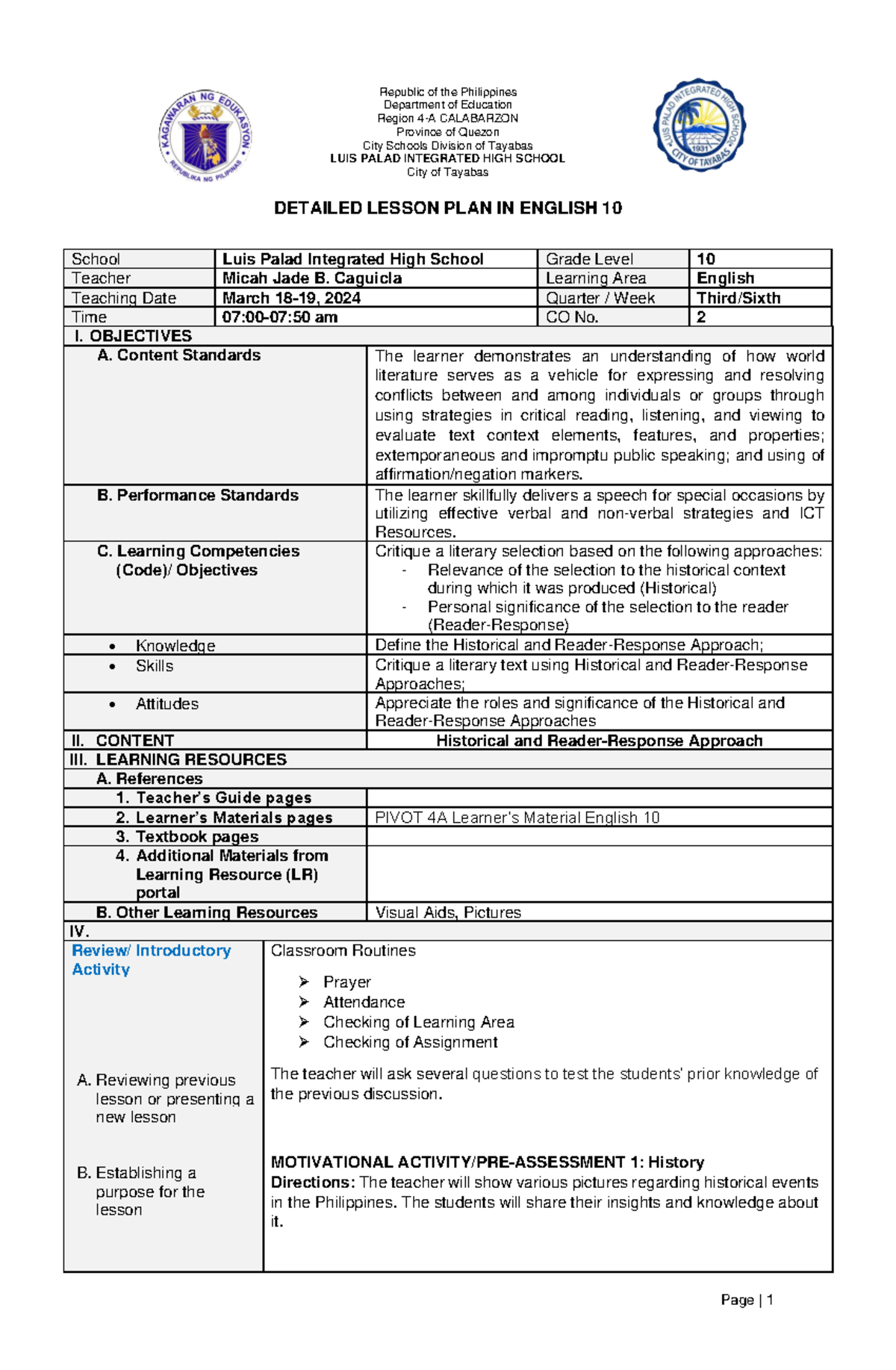 G10 Detailed Lesson Plan: Historical & Reader Response Approaches - Studocu