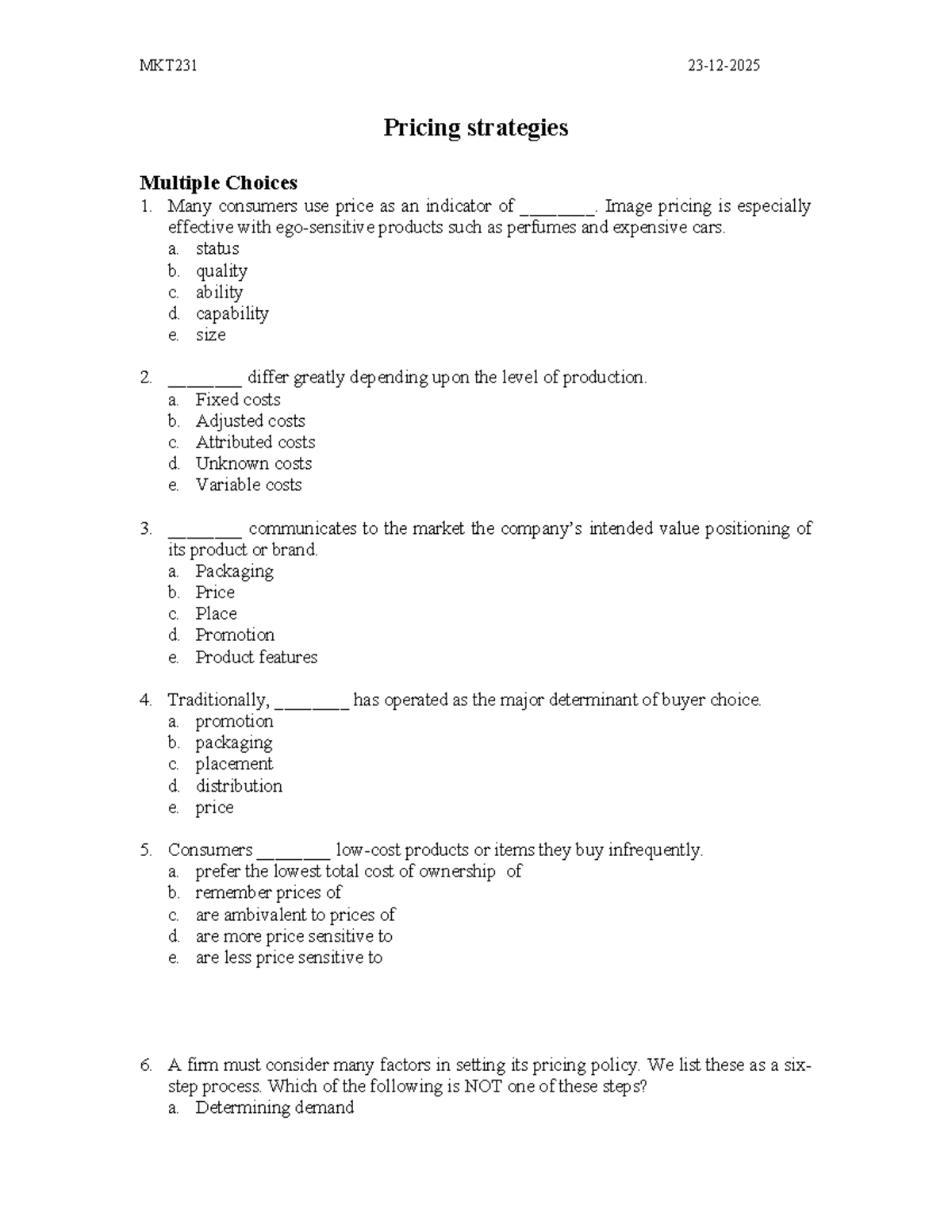 MKT231 Final Exam: Pricing Strategies Multiple Choice & Essay Questions ...