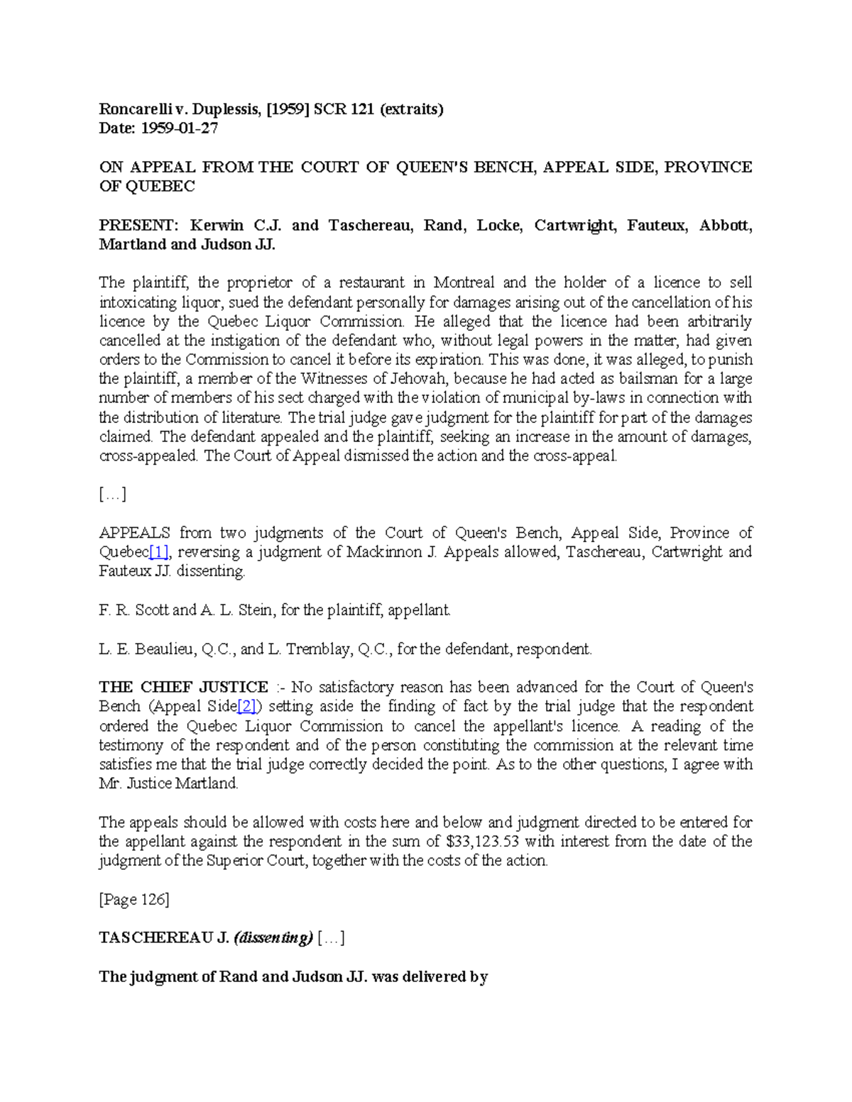 Roncarelli v. Duplessis, SCR 121: Case Analysis and Judgment Summary ...