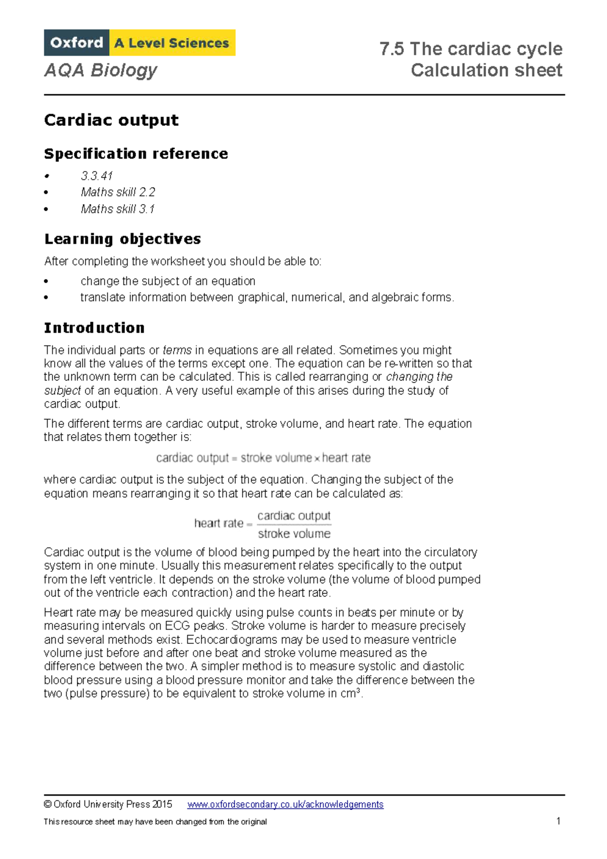 AQA Biology 7.5 Cardiac Cycle Calculation Sheet & Maths Skills - Studocu