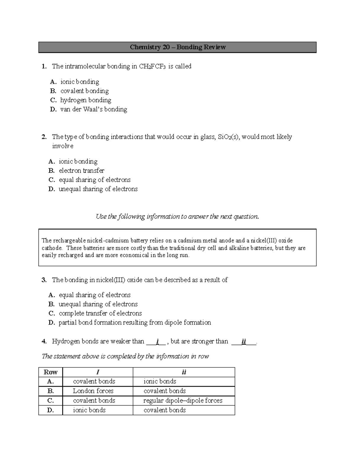 **Chem 20 Final Exam Practice - Bonding and Gases Review** - Studocu