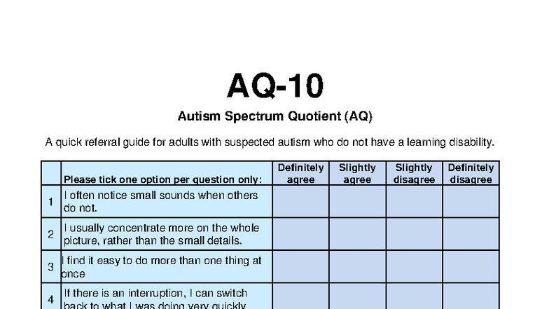 AQ10 Screening Test: Quick Referral Guide for Adults with Suspected ...