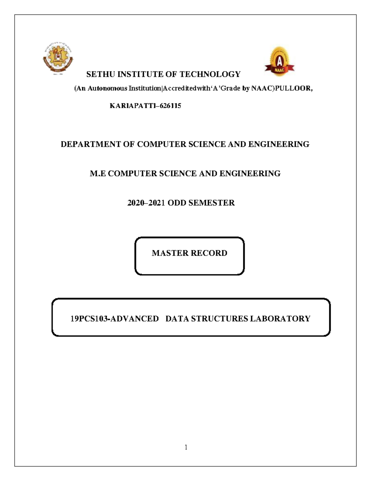 Advanced Data Structures Laboratory (19PCS103) - Master Record Notes ...