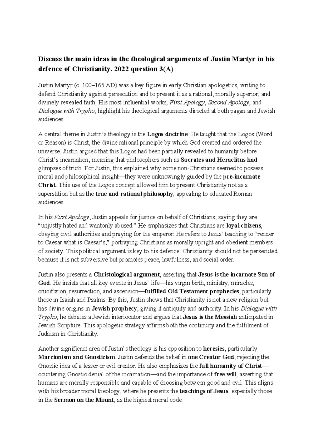 2022 Q3(A) Theological Arguments of Justin Martyr in Apologetics - Studocu