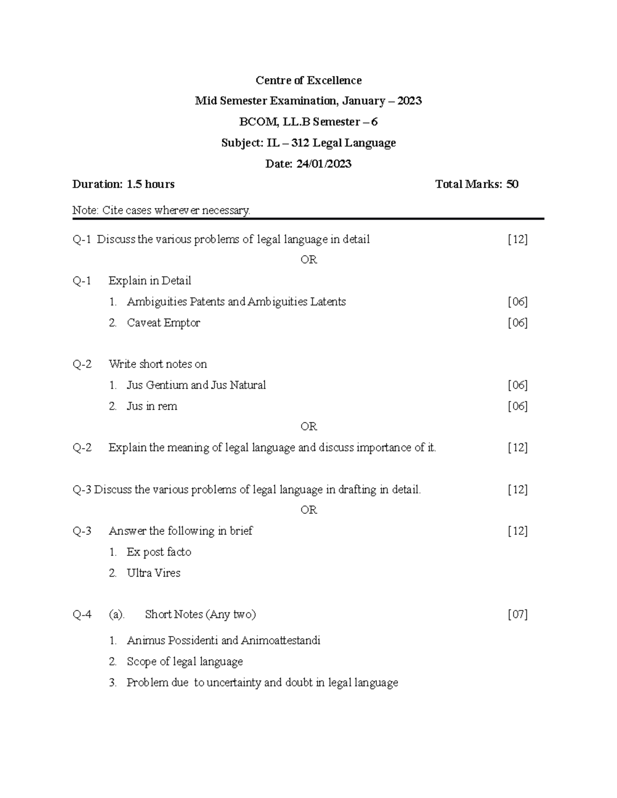 IL-312 Mid Semester Exam: Legal Language - BCOM, LL.B Sem-6 - Studocu