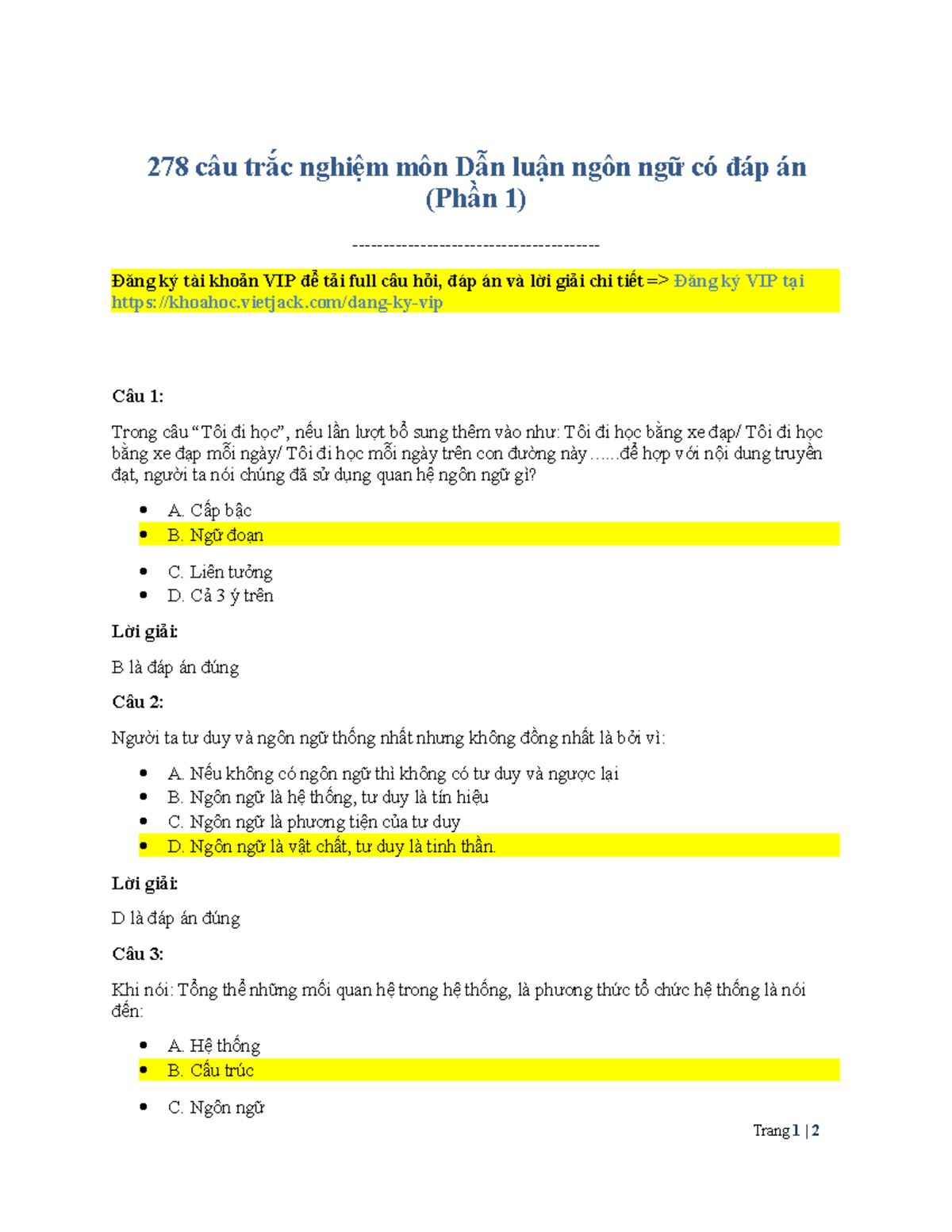 278 Câu Trắc Nghiệm Dẫn Luận Ngôn Ngữ Có Đáp Án (Phần 1) - Studocu