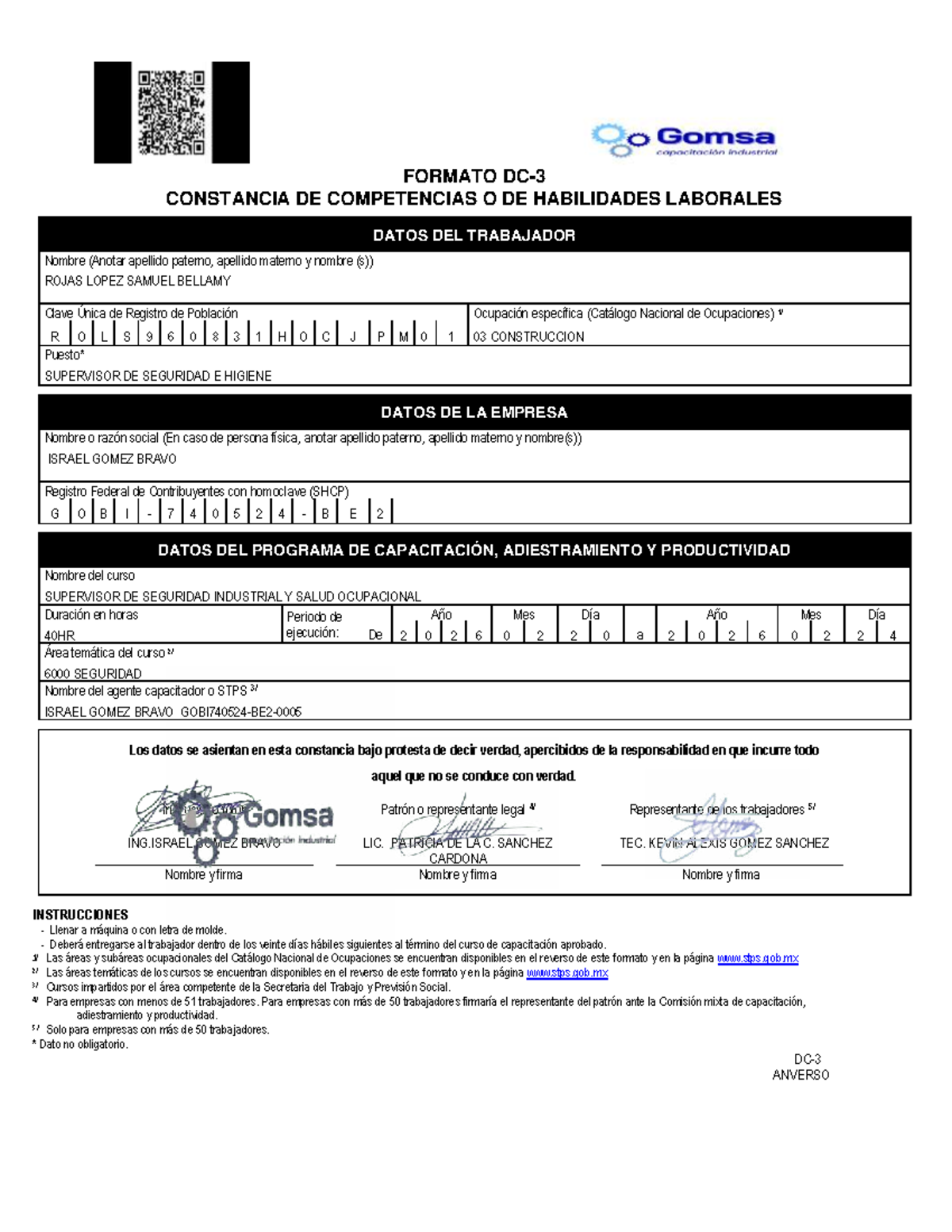Constancia de Competencias Laborales DC3 SUP 2023 - Samuel Rojas - Studocu