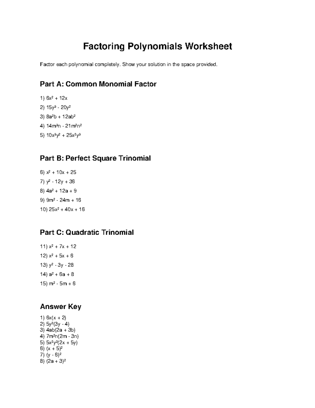 Factoring Polynomials Worksheet - Complete Solutions and Key - Studocu