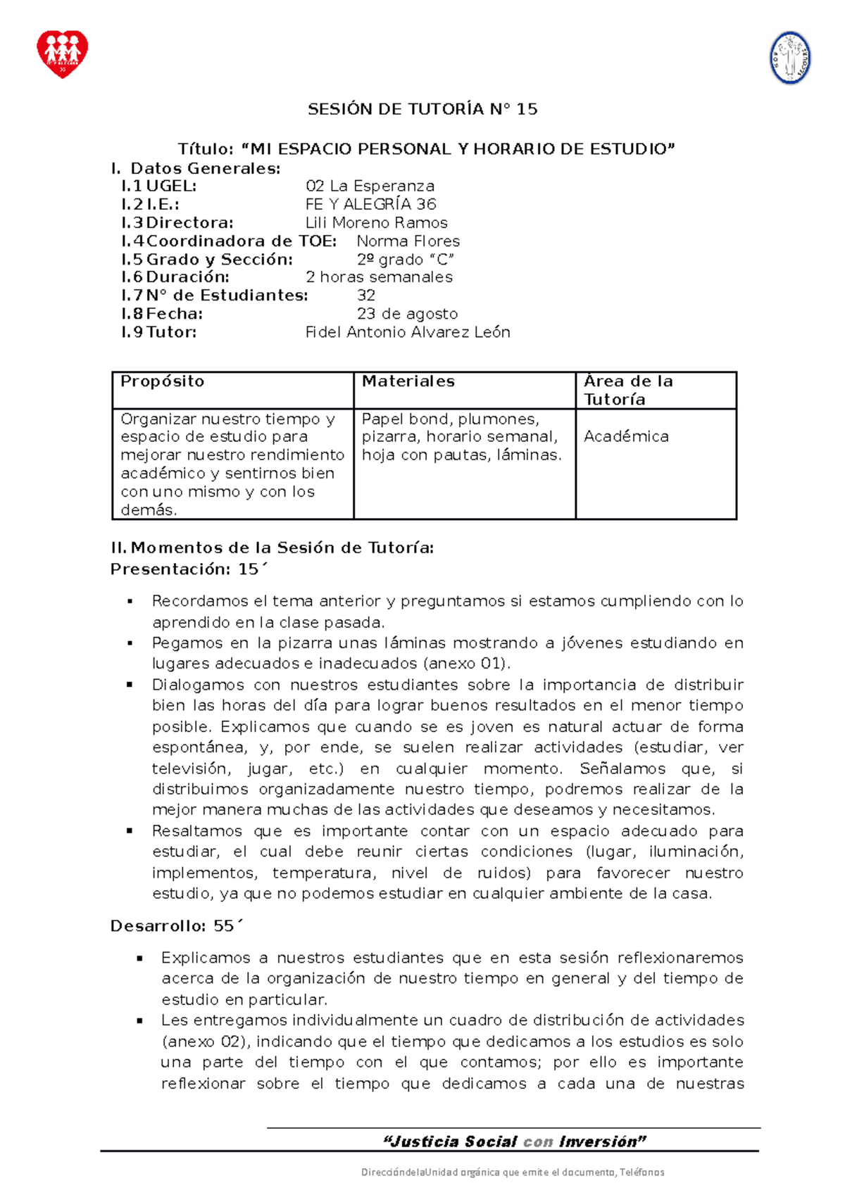 Sesión 15: Mi Espacio Personal y Horario de Estudio en Tutoría 36 - Studocu