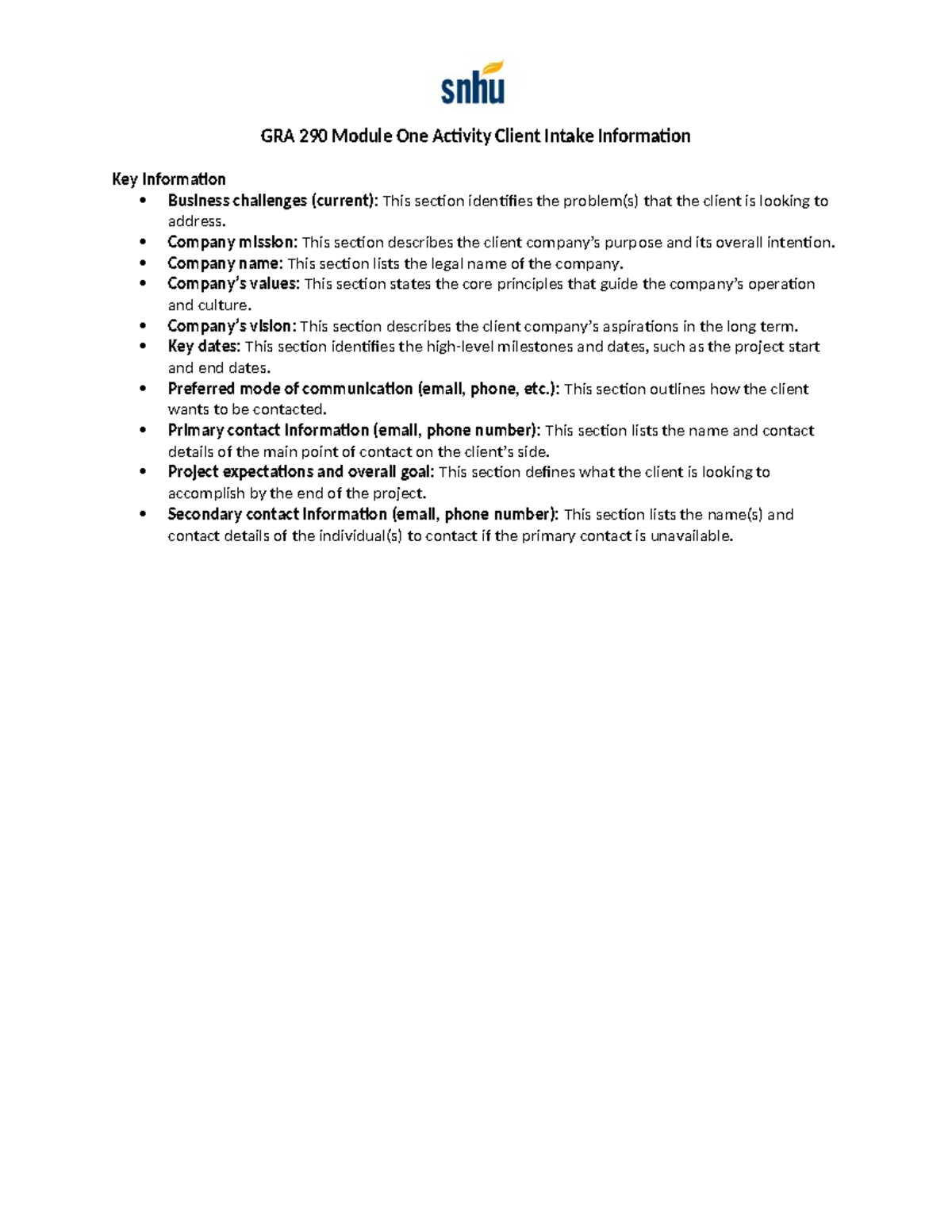 GRA 290 Module 1 Activity: Client Intake Info Overview - Studocu
