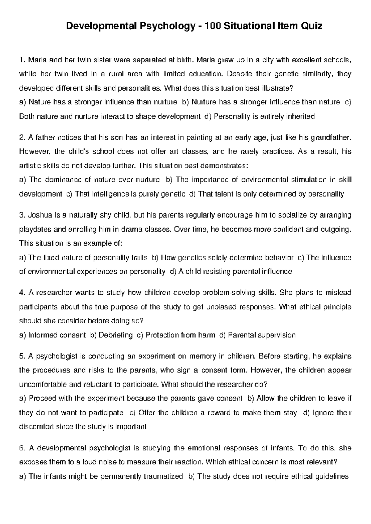 Dev. Psych - Situational Quiz: 100 Item Assessment Guide - Studocu