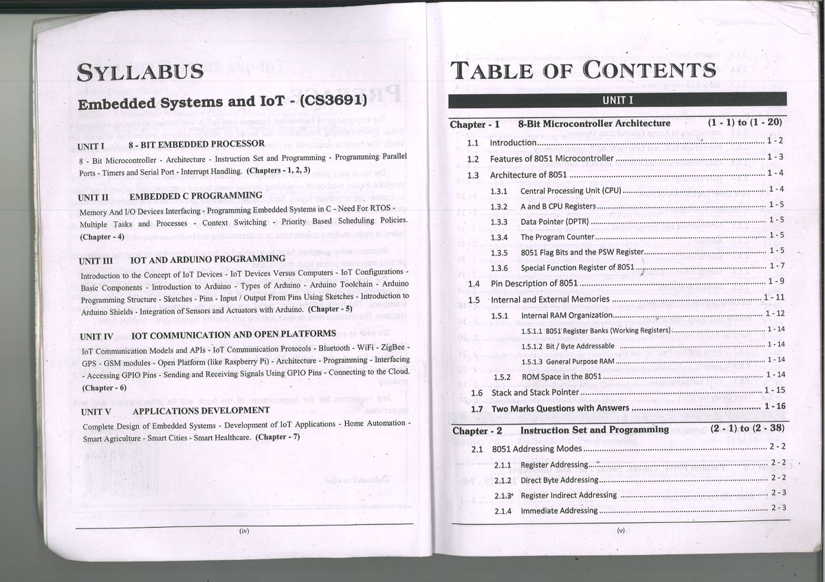 Embedded BOOK1 - textbook - SYLLABUS TABLE OF CONTENTS Embedded Systems and IoT (CS3691) UNIT I ...