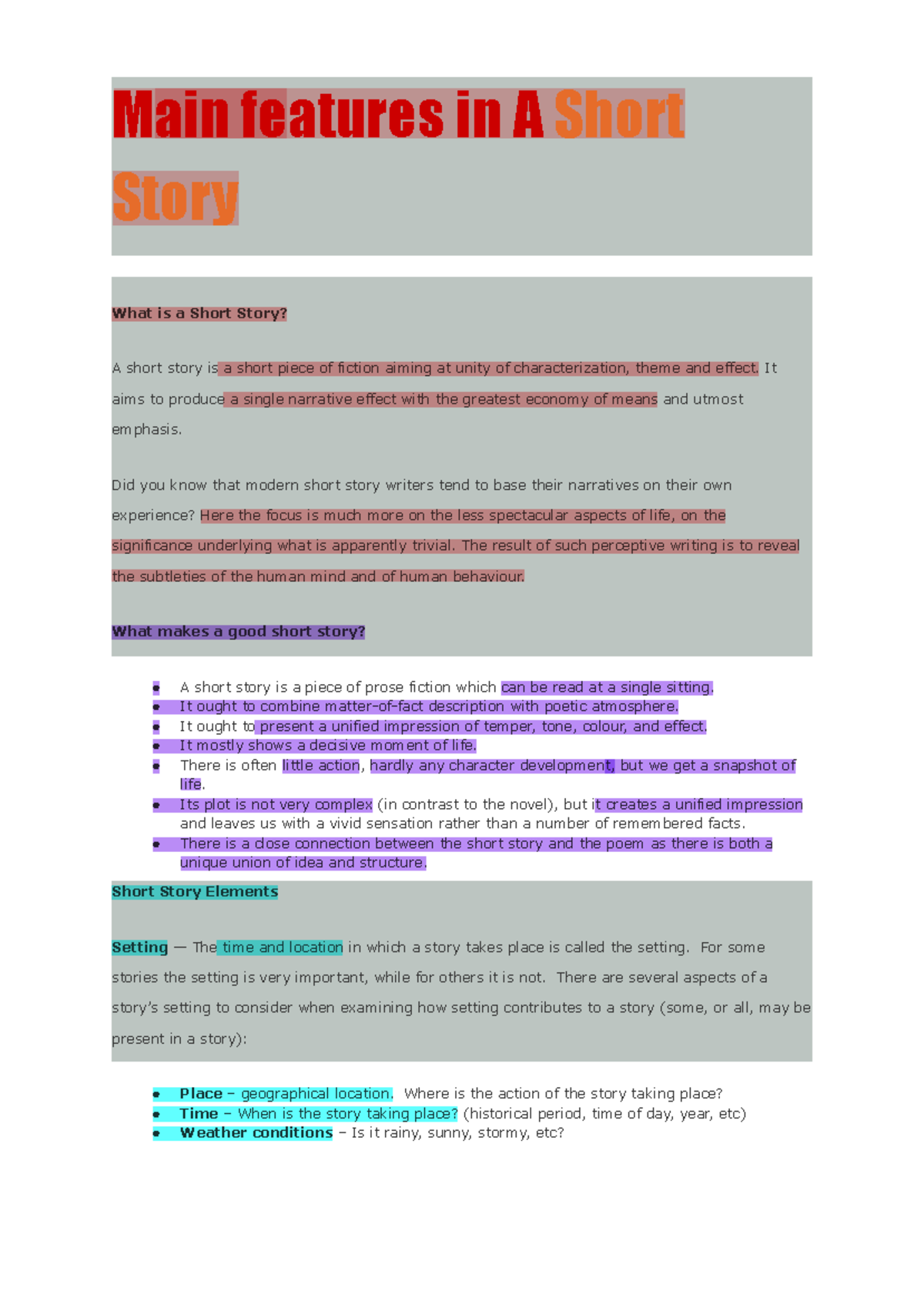 Main Features of Short Story Writing: Key Elements & Insights - Studocu